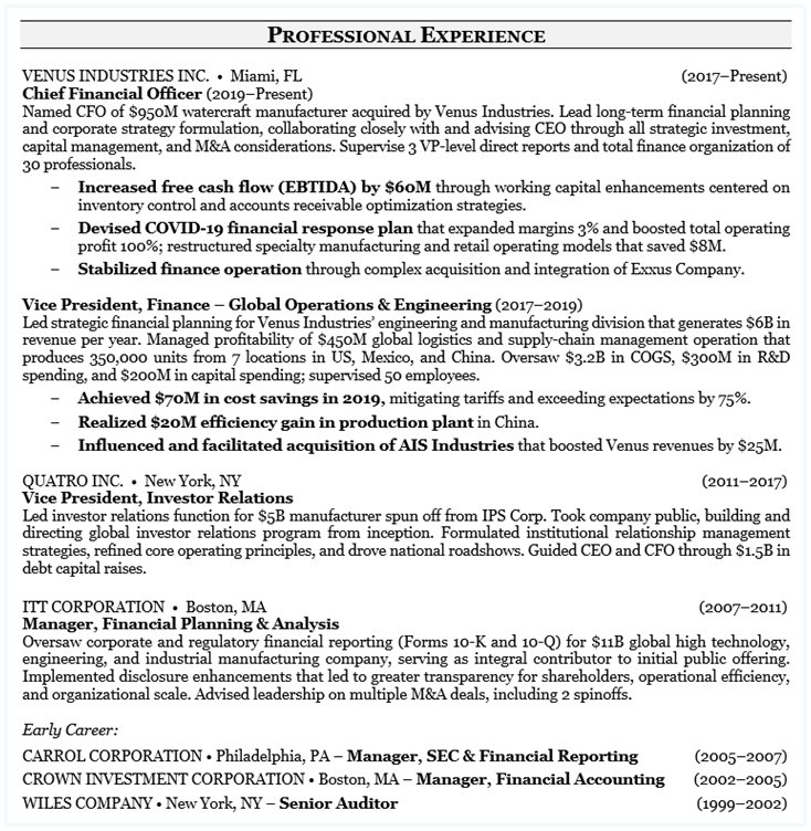 Chief Financial Officer Resume Guide Executive Resume Writers